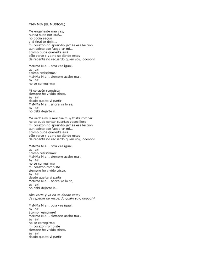 Letra Mamma Mia El Musical | PDF