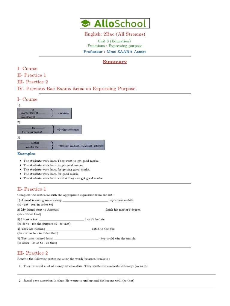 Functions 3 Expressing Purpose | PDF