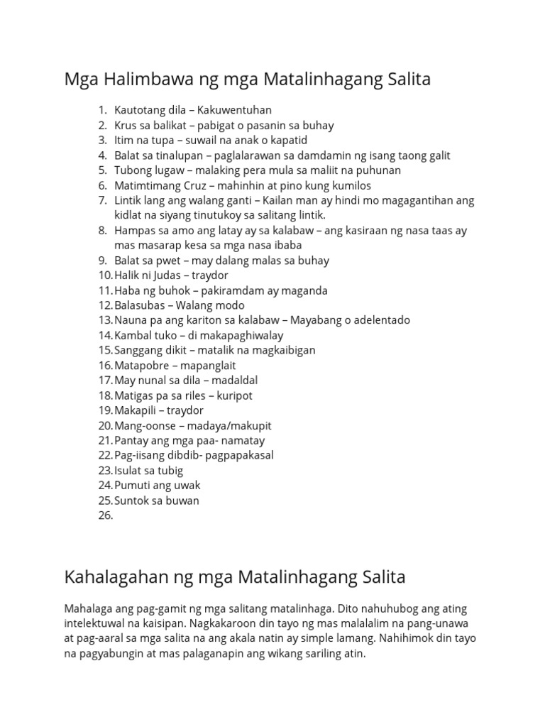 Mga Halimbawa NG Mga Matalinhagang Salita | PDF