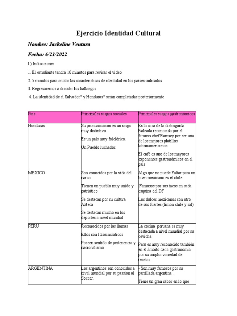 Ejercicio Identidad Cultural | PDF | México | Comida y bebida