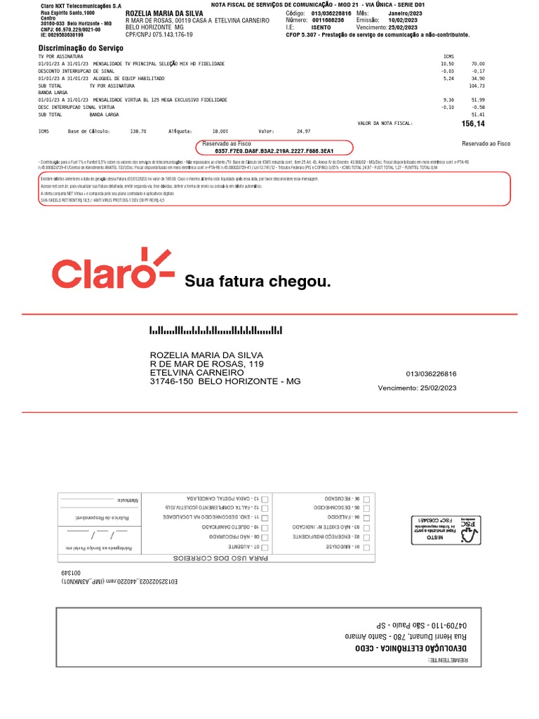 FATURA CLARO FEVEREIRO | PDF | Serviços financeiros | Bancos