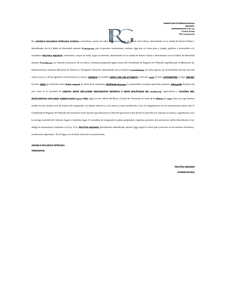 Formato. Compra Venta de Vehiculo | PDF | Venezuela