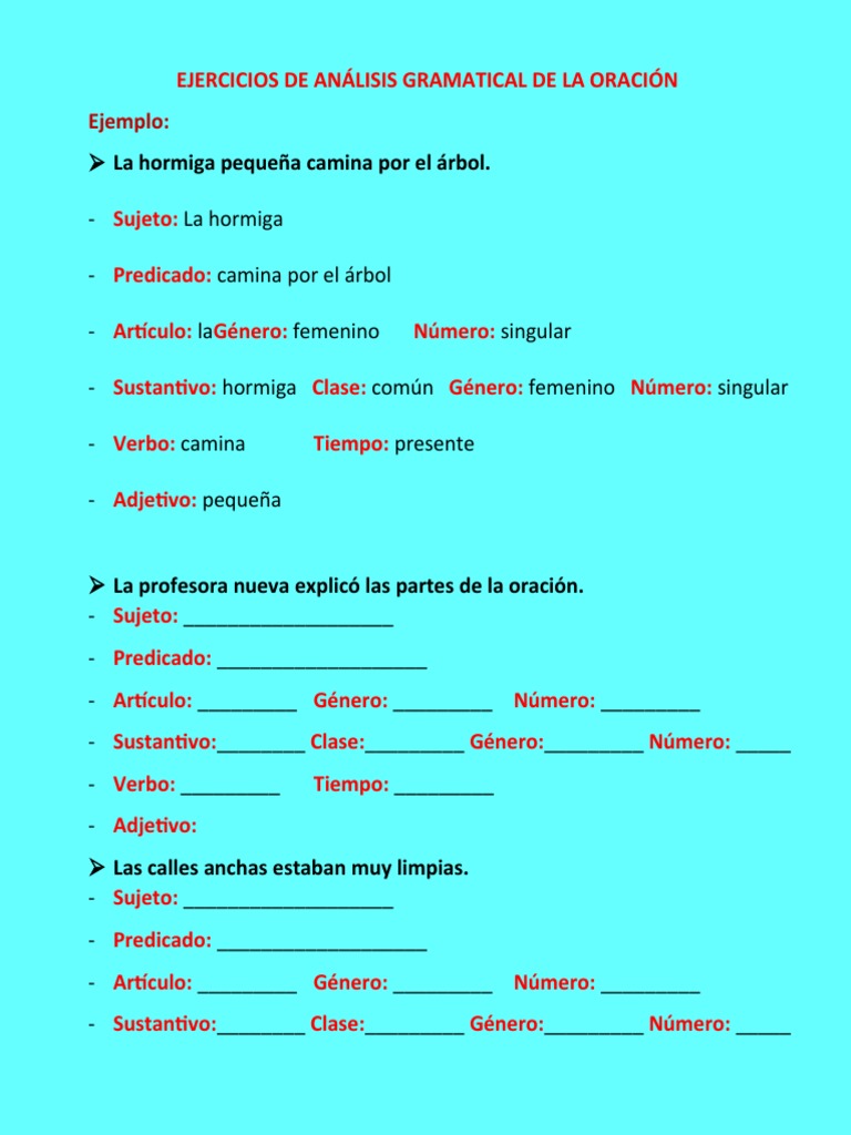 Ejercicios De Análisis Gramatical De La Oración Pdf