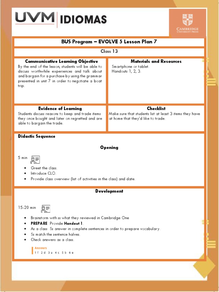 BUS Program Evolve 5 Lesson Plan 7 | PDF | Lesson Plan | Homework