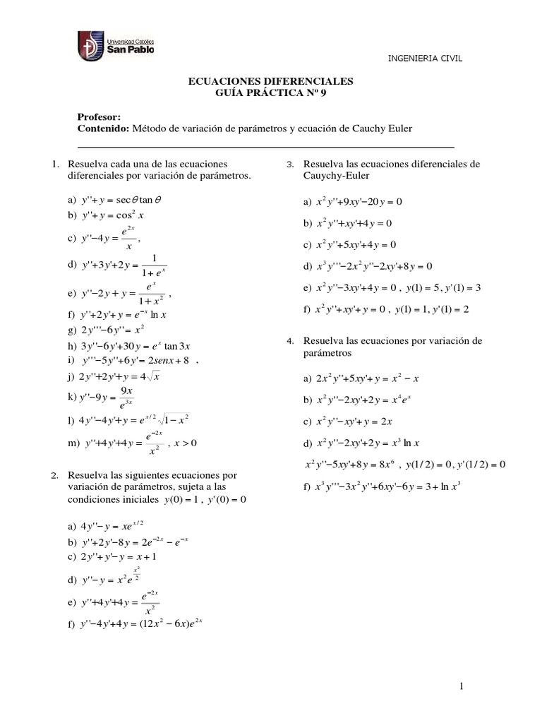2023-01 G9 EDO Variación de Parámetros Cauchy Euler | PDF | Ecuaciones | Objetos matemáticos