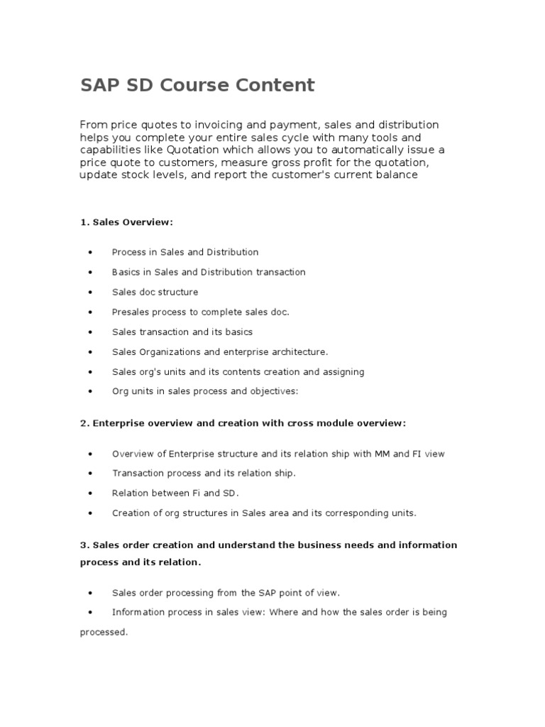 SAP SD Course Content 76121246367725 | PDF | Business Process | Sales