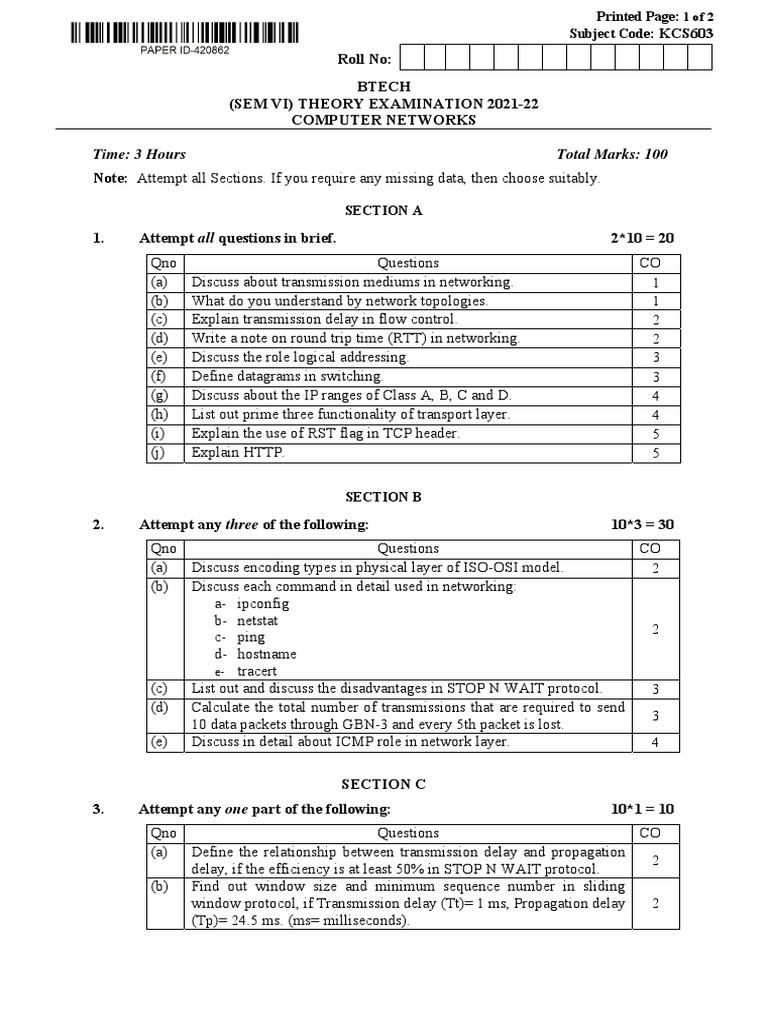 Btech Cs 6 Sem Computer Networks kcs603 2022 | PDF Btech Cs 6 Sem Computer Networks kcs603 2022 | PDF
