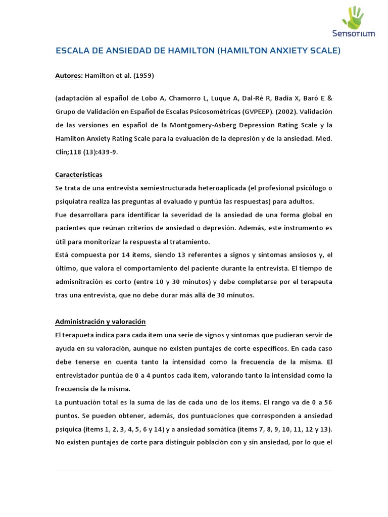 Escala de Ansiedad de Hamilton - Descripción PDF | PDF