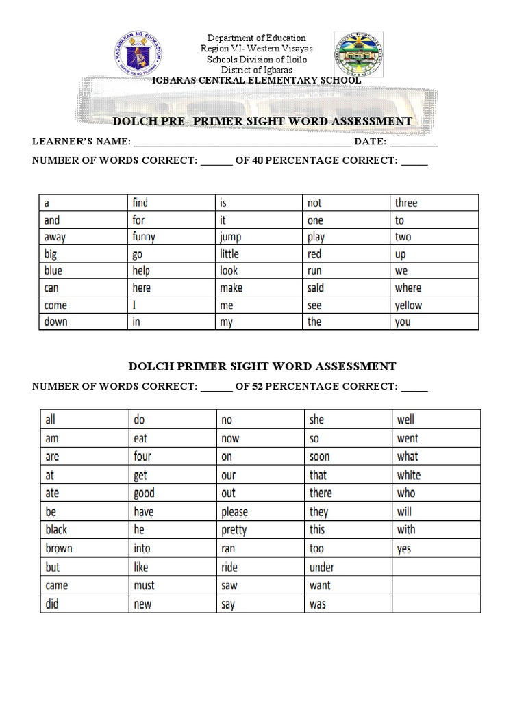 Dolch Sight Words Assessment For Grade 5 Individual | PDF