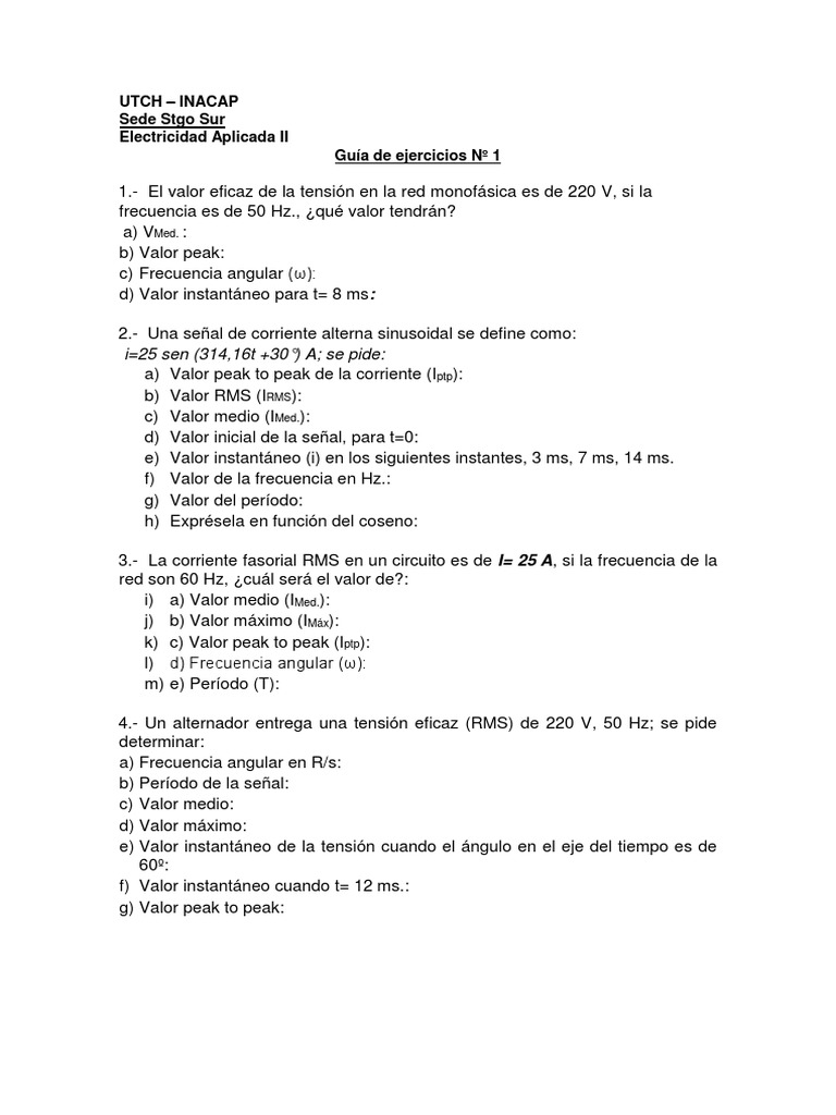 Guía de Ejercicios #1 Elect II | PDF | Frecuencia | Corriente alterna