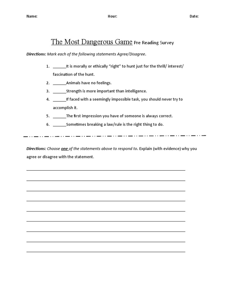 The Most Dangerous Game Pre Reading Survey | PDF
