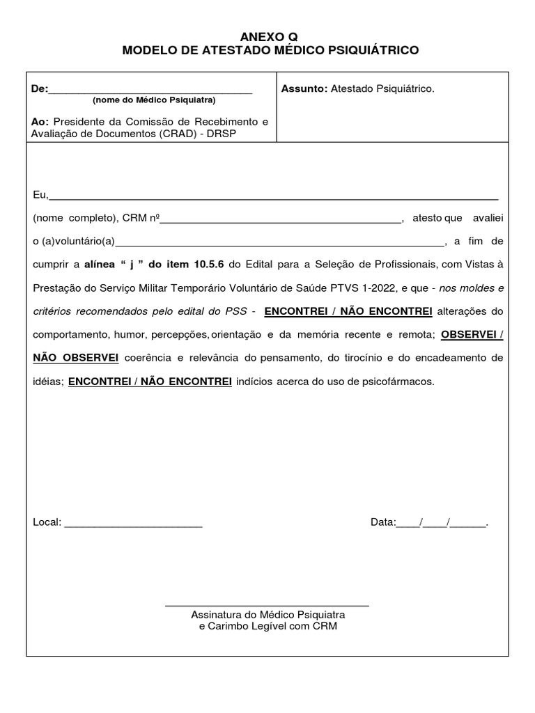 Ptvs - Anexo Q - Modelo de Atestado Médico Psiquiátrico | PDF