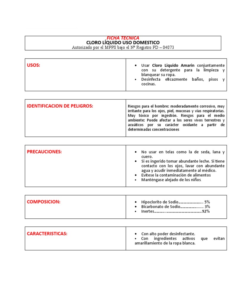 Ficha Tecnica Cloro | PDF