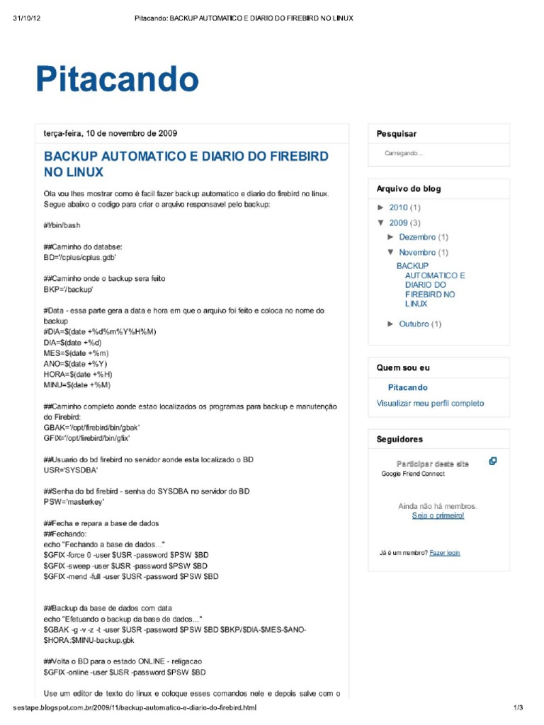 Pitacando - BACKUP AUTOMATICO E DIARIO DO FIREBIRD NO LINUX | PDF
