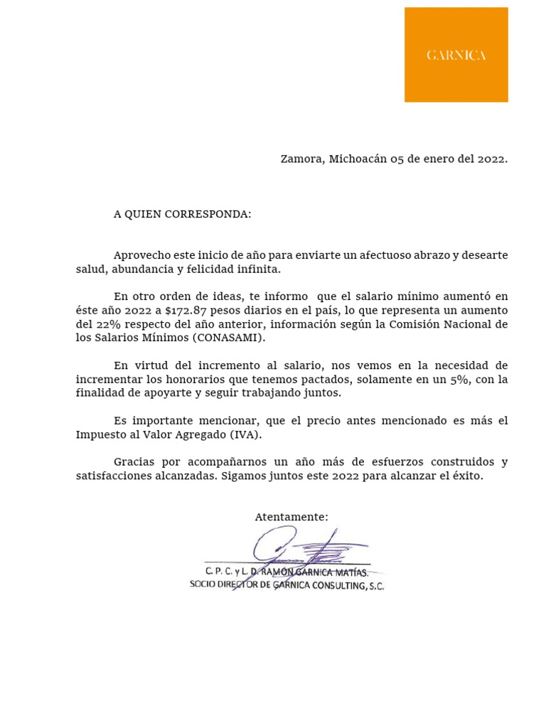 Carta de Incremento A Precios Por Servicios 2022 | PDF