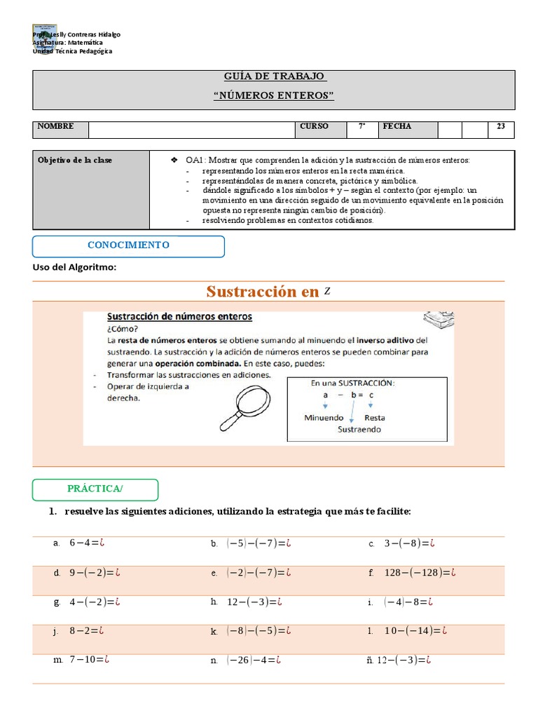 Guía 7mo Adición Numeros Enteros | PDF | Entero | Aritmética