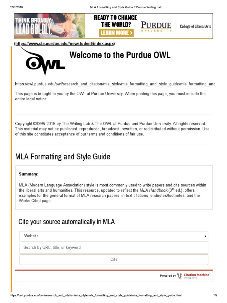 MLA Formatting and Style Guide - Purdue Writing Lab | PDF