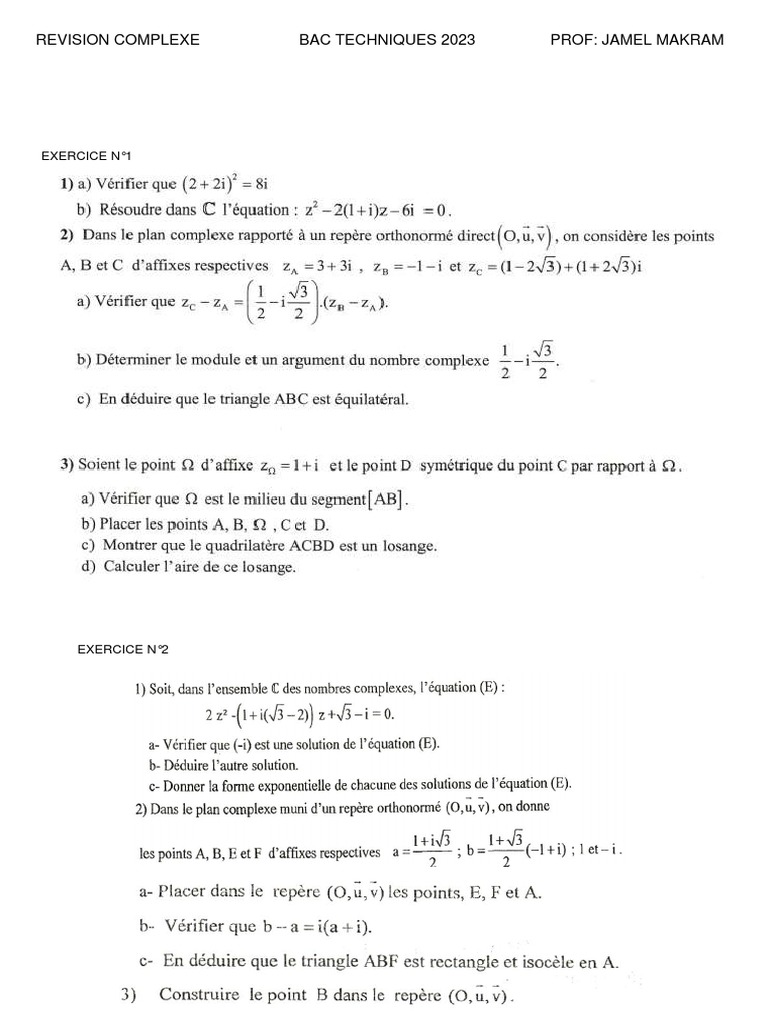 Révisions BAC Techniques 2023 - Exercices Complexes | PDF | Nombre ...
