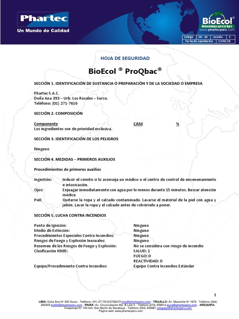 MSDS Phartec - Bioecol Proqbac (HS-V2) 13-01-18 | PDF