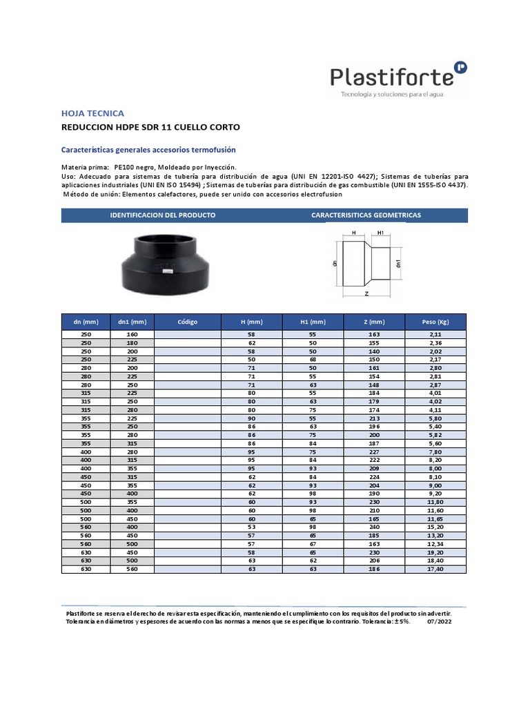 Reduccion HDPE CC SDR 11 Plastitalia | PDF