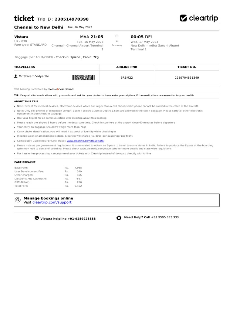 Cleartrip Flight E-Ticket | PDF | Transport | Aviation