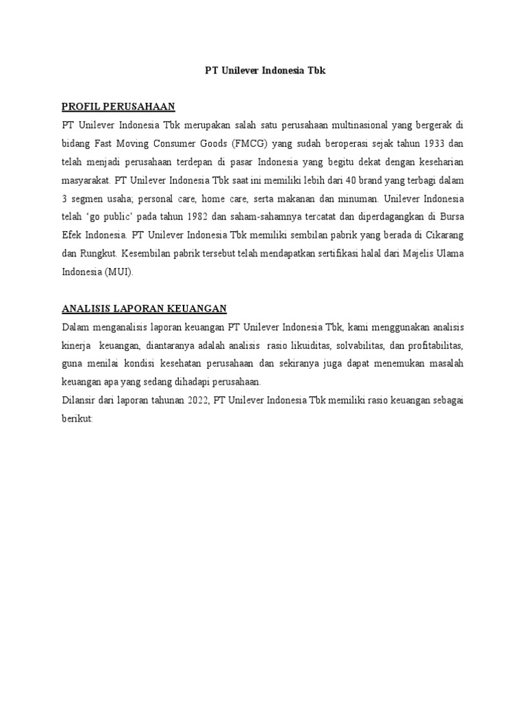 Analisis Masalah Dan Laporan Keuangan PT Unilever Indonesia (2018-2022) | PDF