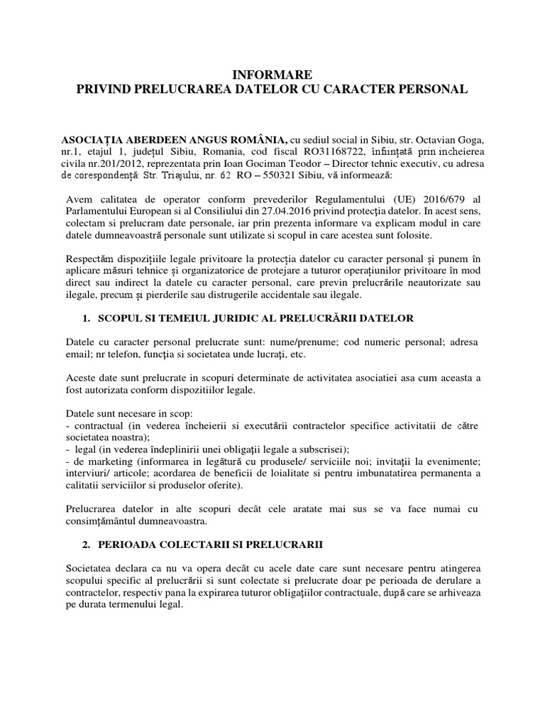 Informare Generala Gdpr Asociatie | PDF