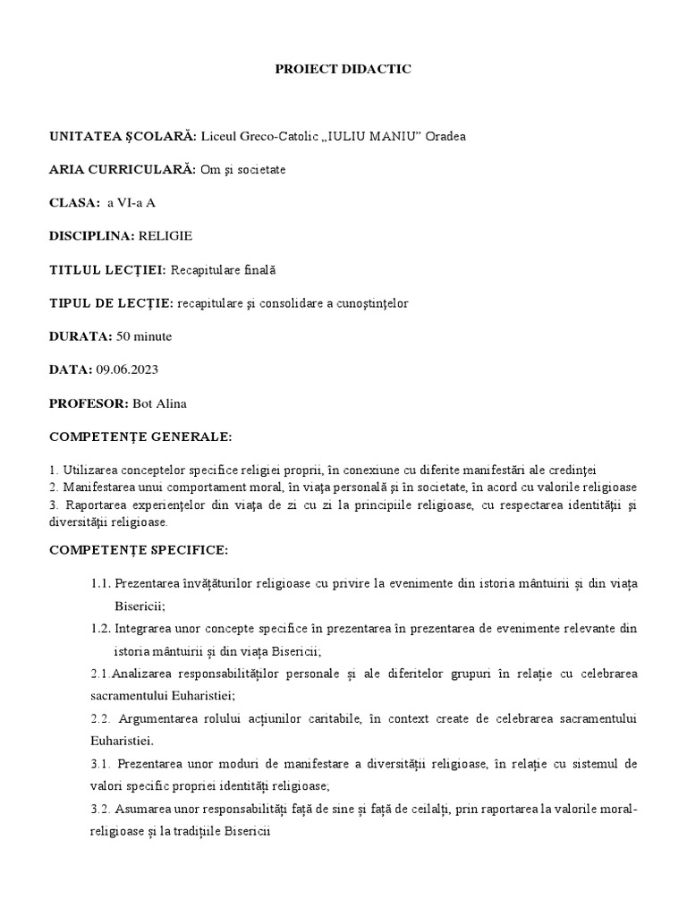 Proiectul de Lectie - Recapitulare Finală | PDF