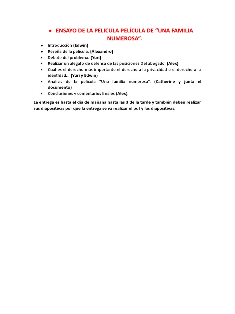 Ensayo de La Pelicula Película de "Una Familia Numerosa. | PDF