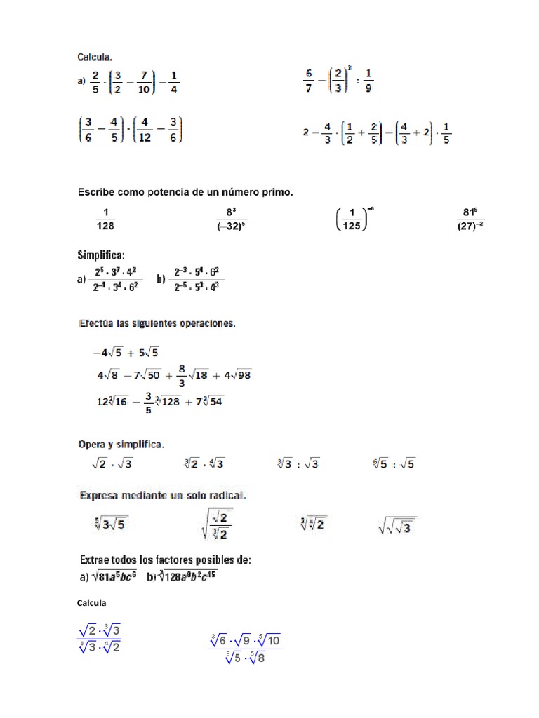Ejercicios operaciones combinadas, potencias y raices CON SOLUCIONES | PDF
