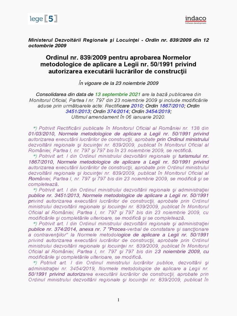 Ordin 839 2009 Pentru Aprobarea Normelor Metodologice de Aplicare A Legii Nr. 50 - 1991 Privind ...