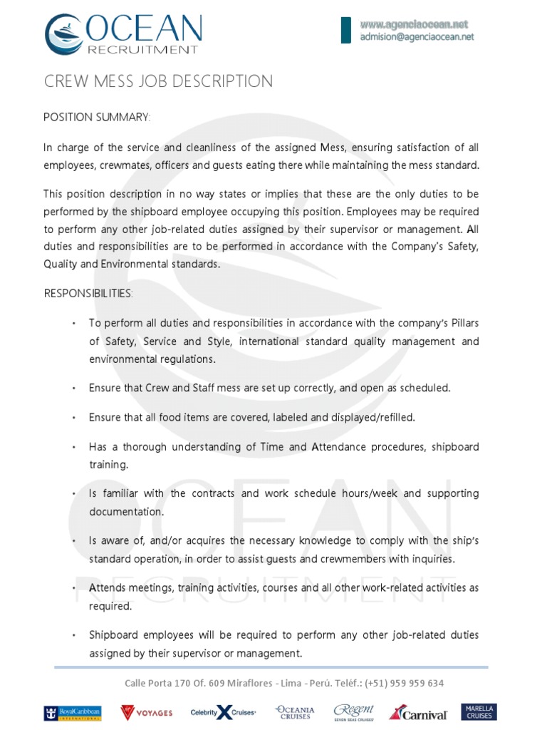 Crew Mess Job Description | PDF | Visual Perception | Waiting Staff