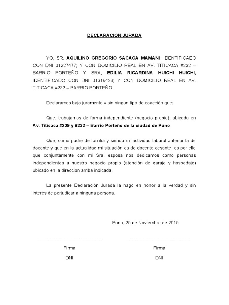Declaracion Jurada de Trabajo | PDF