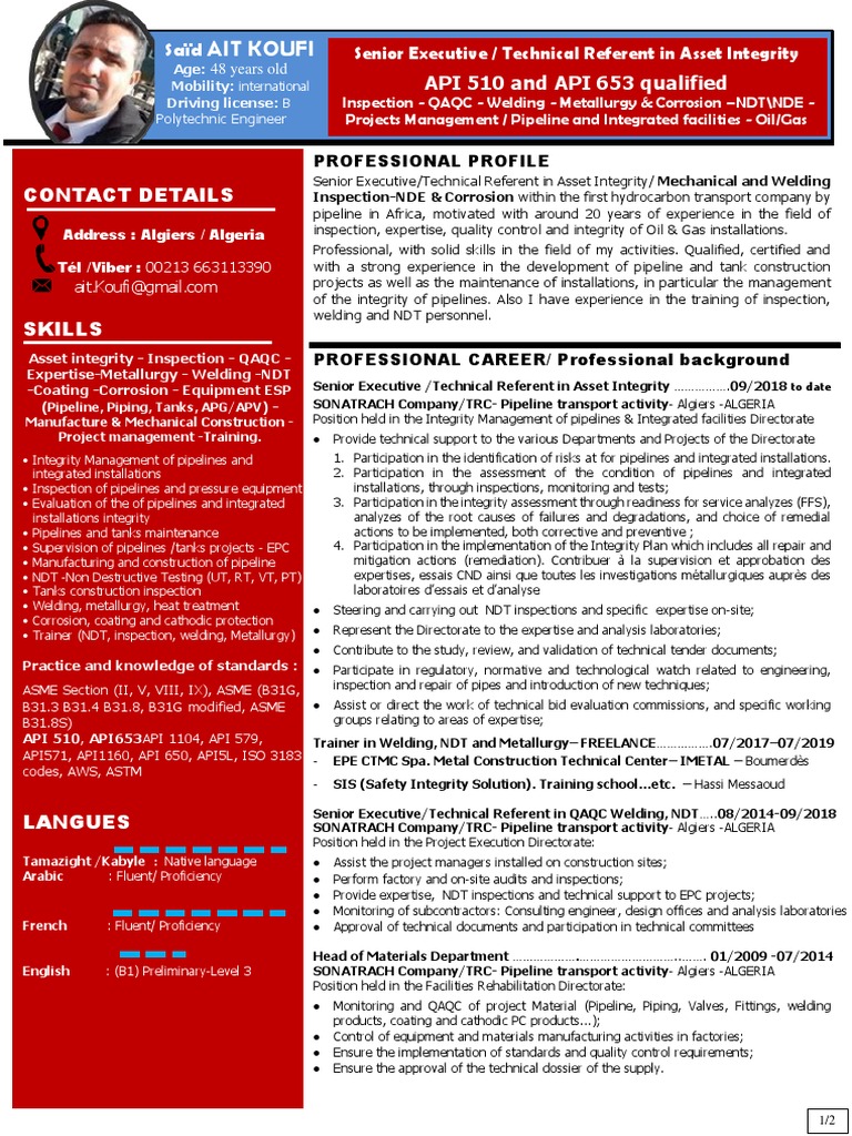 CV-Technical Referent - Asset Integrity - Inspection Metallurgy Engineer - AIT KOUFI - 2023 - en ...