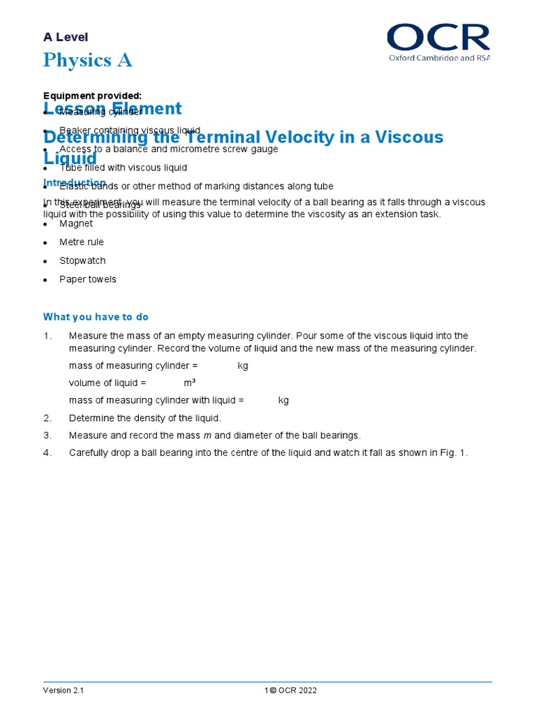 Determining The Terminal Velocity in A Viscous Liquid Activity | PDF
