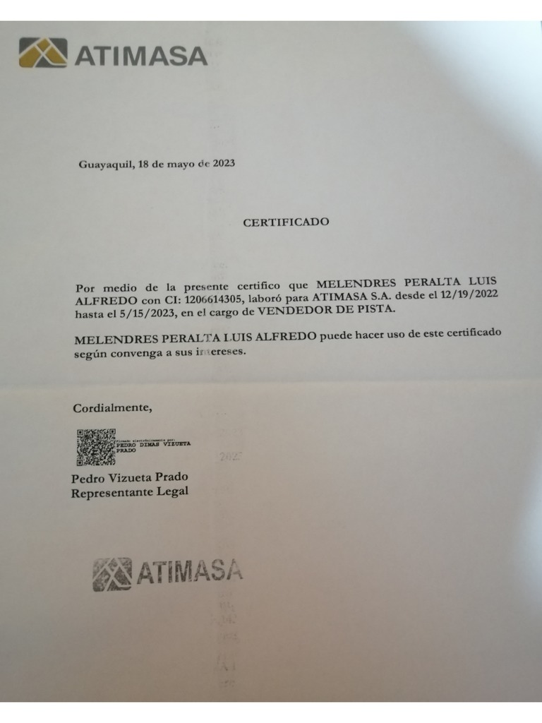 Certificado Atimasa | PDF