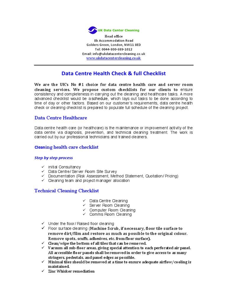 Data Centre HealthCare Cleaning Checklist | PDF | Data Center | Health Care