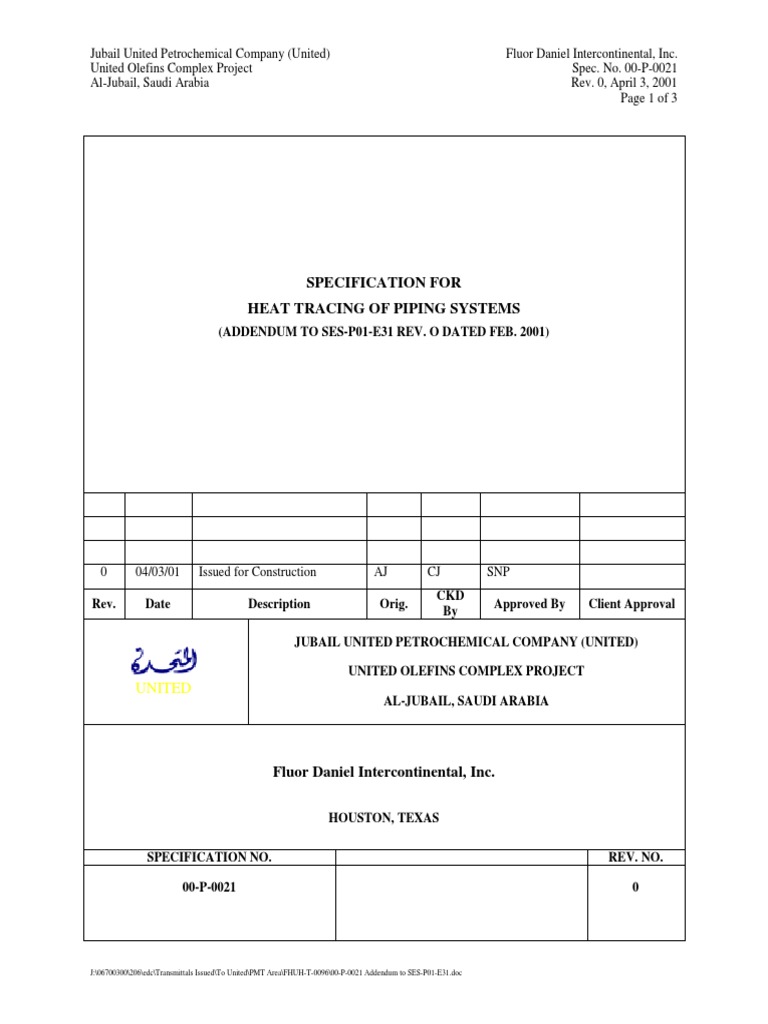 Heat Tracing Piping Specs Addendum | PDF | Hydrocarbons