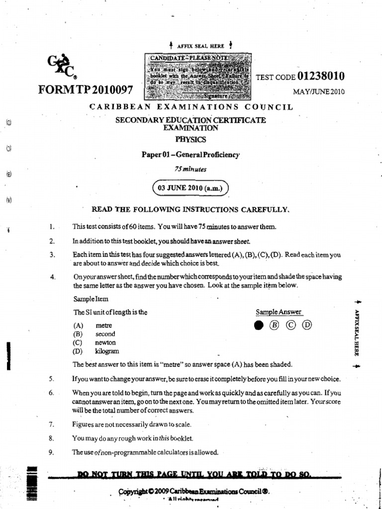 CSEC Physics June 2010 P1 | PDF