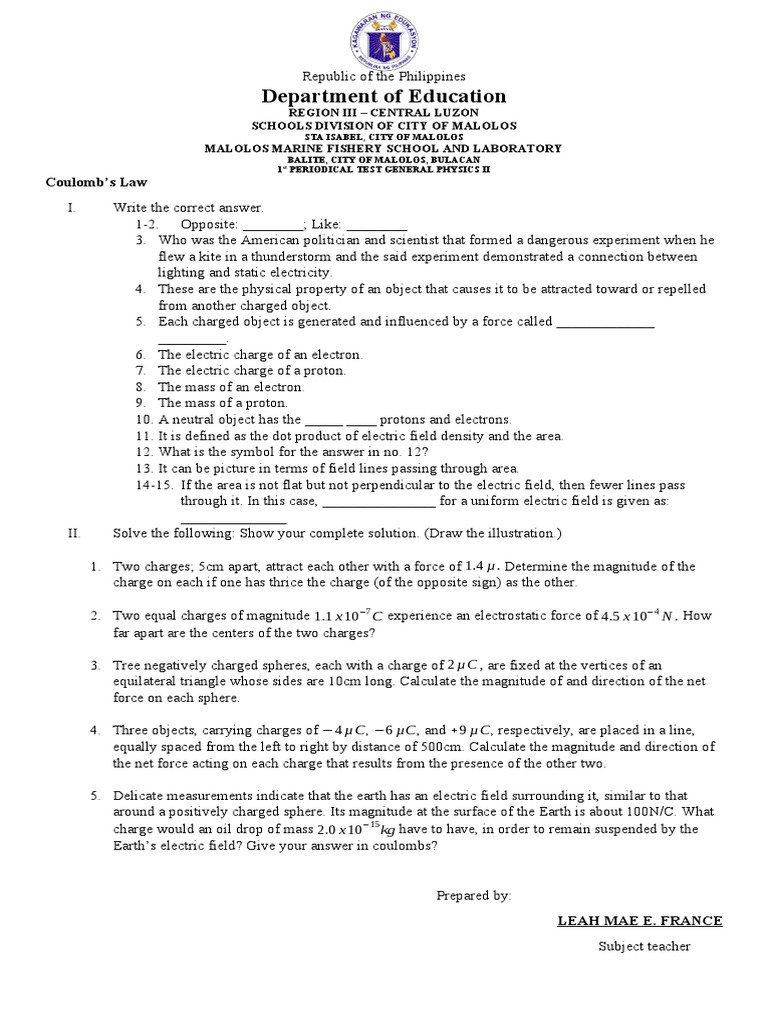 1st Periodical Test - Gen - Physics 2 | PDF | Electric Charge ...
