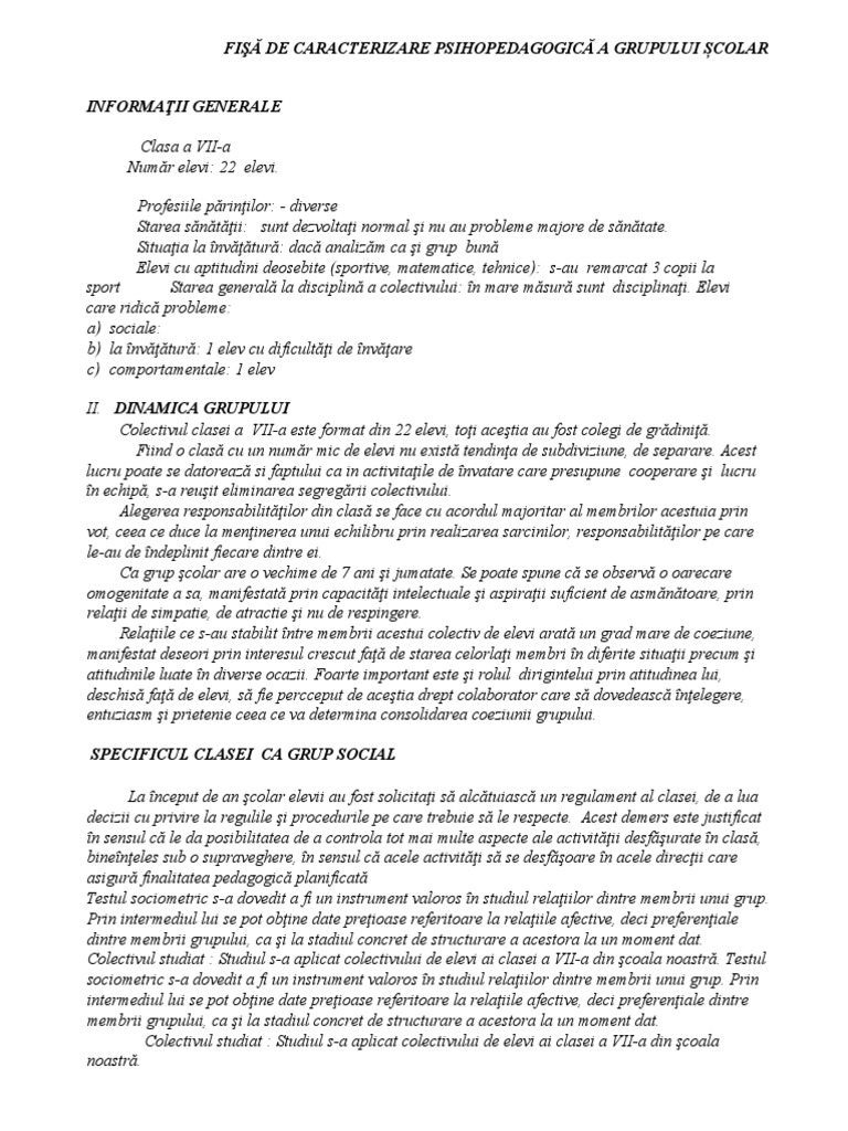 Caracterizarea Clasei de Elevi | PDF