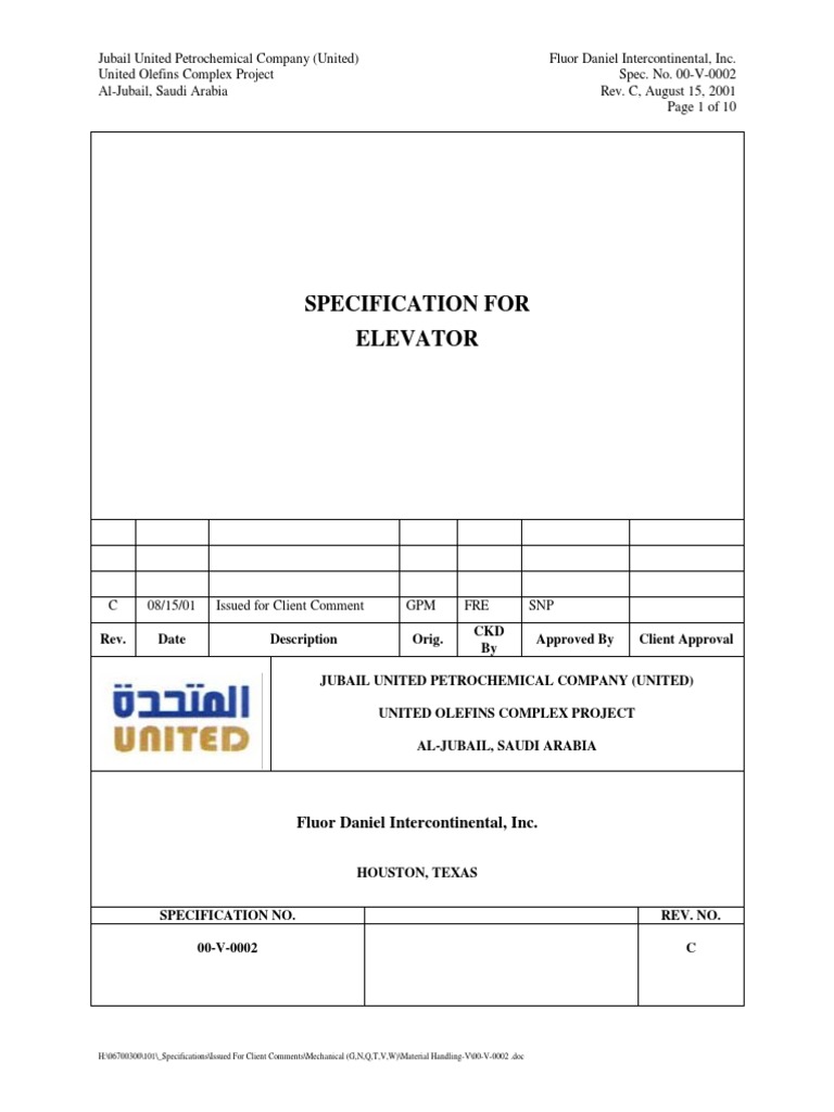 Specification For Elevator | PDF | Elevator | Electrical Wiring