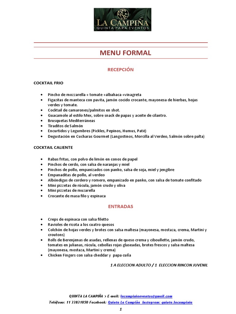 Quinta La Campiña Menu Formal | PDF | Postres | Salsa