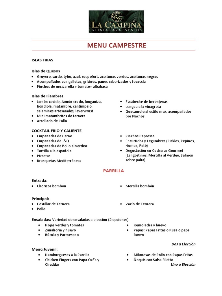 Quinta La Campiña Menu Campestre | Descargar gratis PDF | Postres ...
