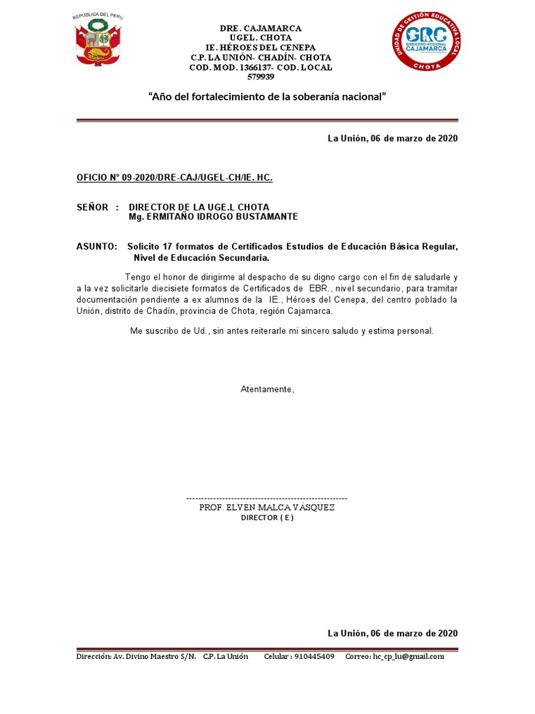 Oficio Solicitando Certificados de Estudios. | PDF