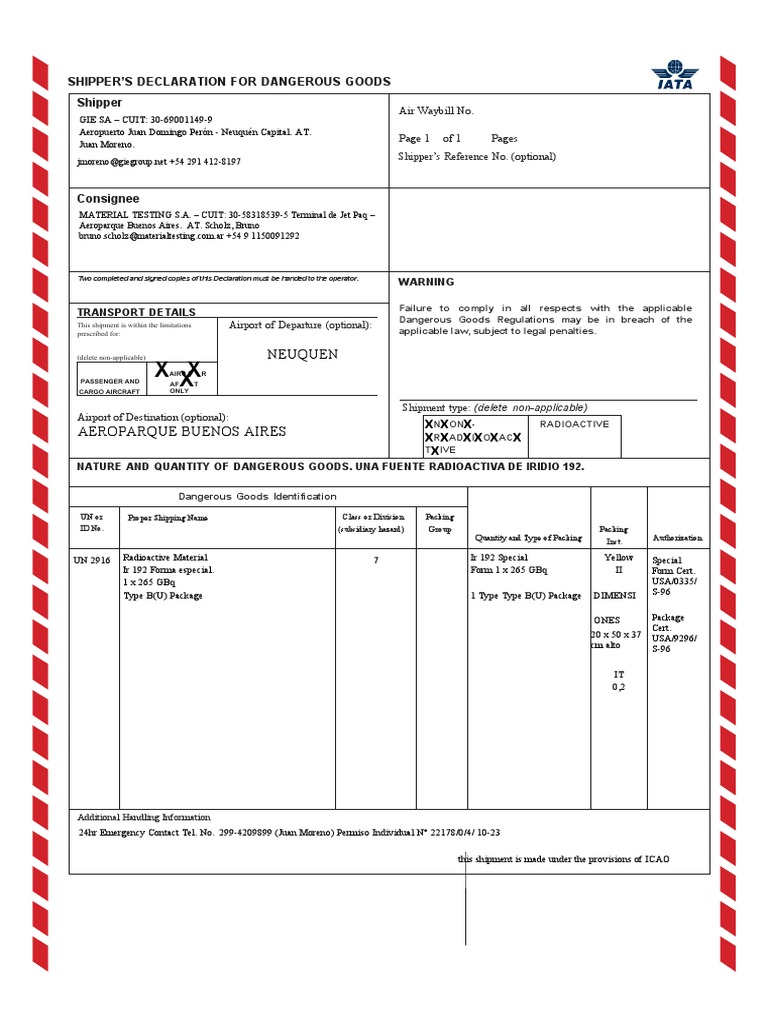 Shipper's Declaration for UN2916 Radioactive | PDF | Dangerous Goods ...