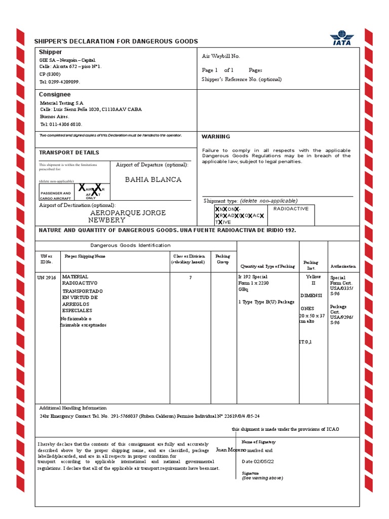 Shippers-Declaration-Column-Format-Fillable - Envio RGDE A BHI | PDF | Dangerous Goods | Transport