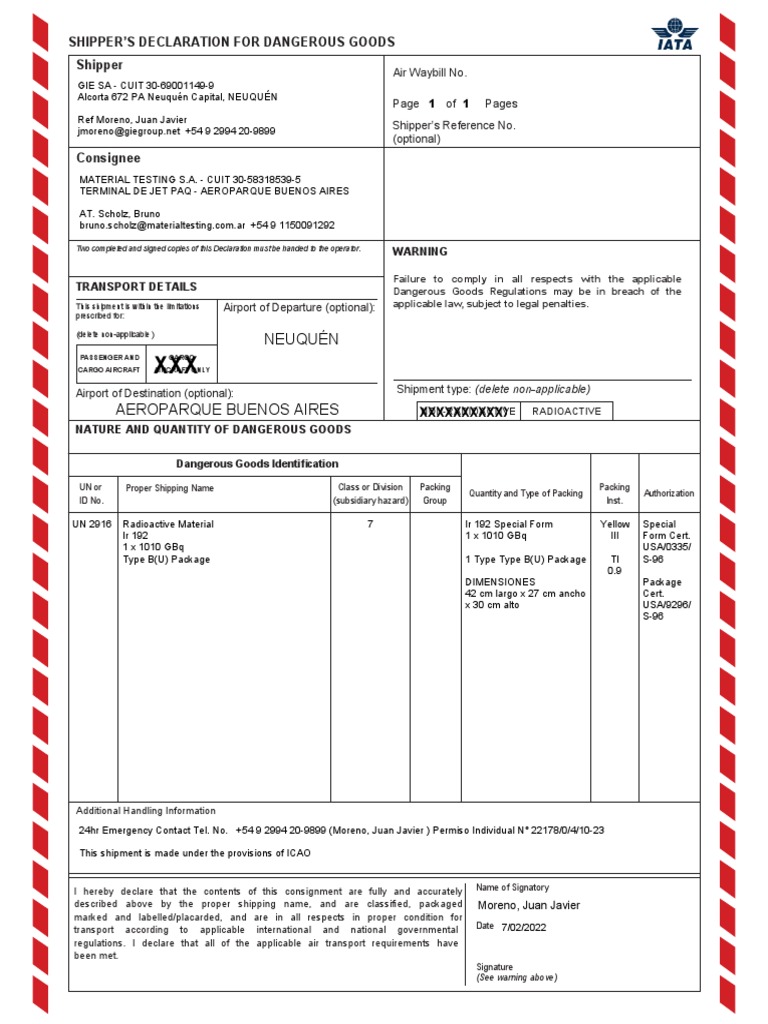 Shipper's Declaration for UN 2916 Goods | PDF | Dangerous Goods | Transport