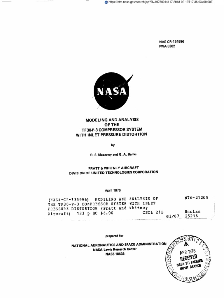 TF30 Compressor Inlet Model NASA CR 134996 | PDF | Physical Quantities ...