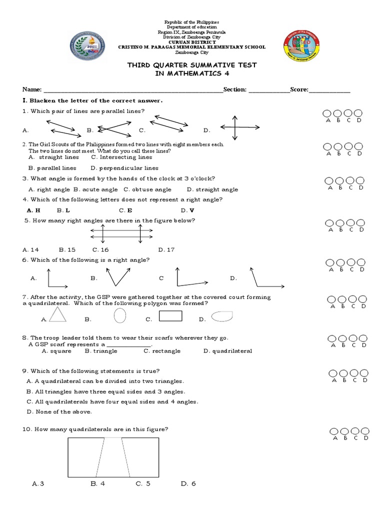 3rd quarter math 4 summative test | PDF | Rectangle | Triangle